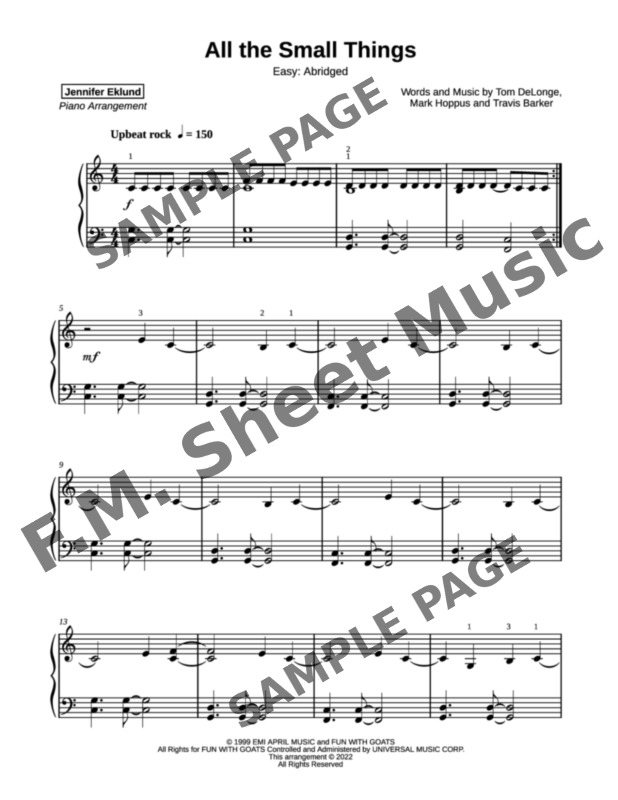 All the Small Things (Easy Piano) By Blink 182 - F.M. Sheet Music - Pop Arrangements by Jennifer ...